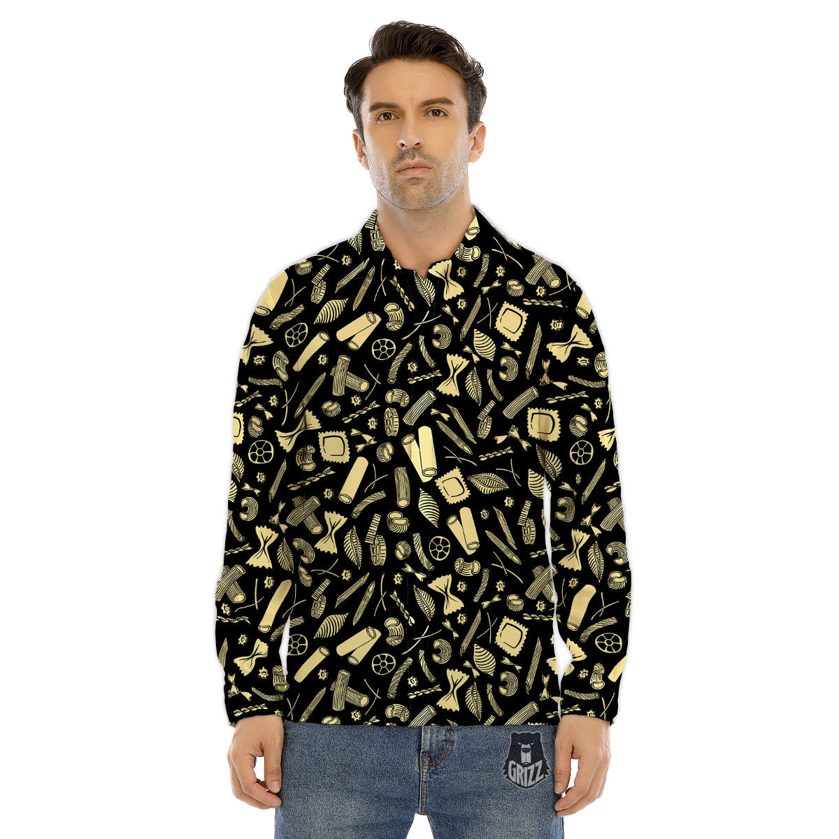 Black And Beige Macaroni Print Pattern Men's Dress Shirts