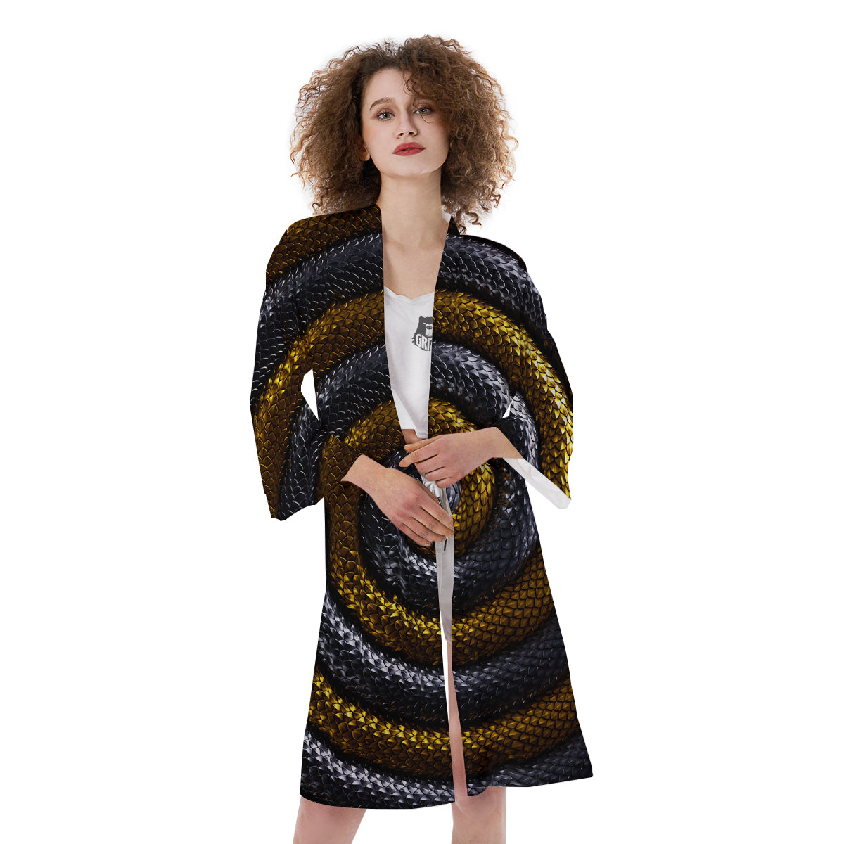 Black And Gold Twisted Snakes Print Kimono