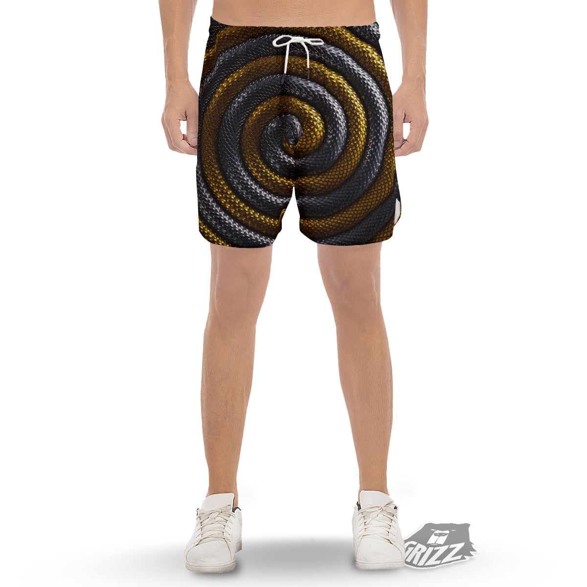 Black And Gold Twisted Snakes Print Men's Gym Shorts