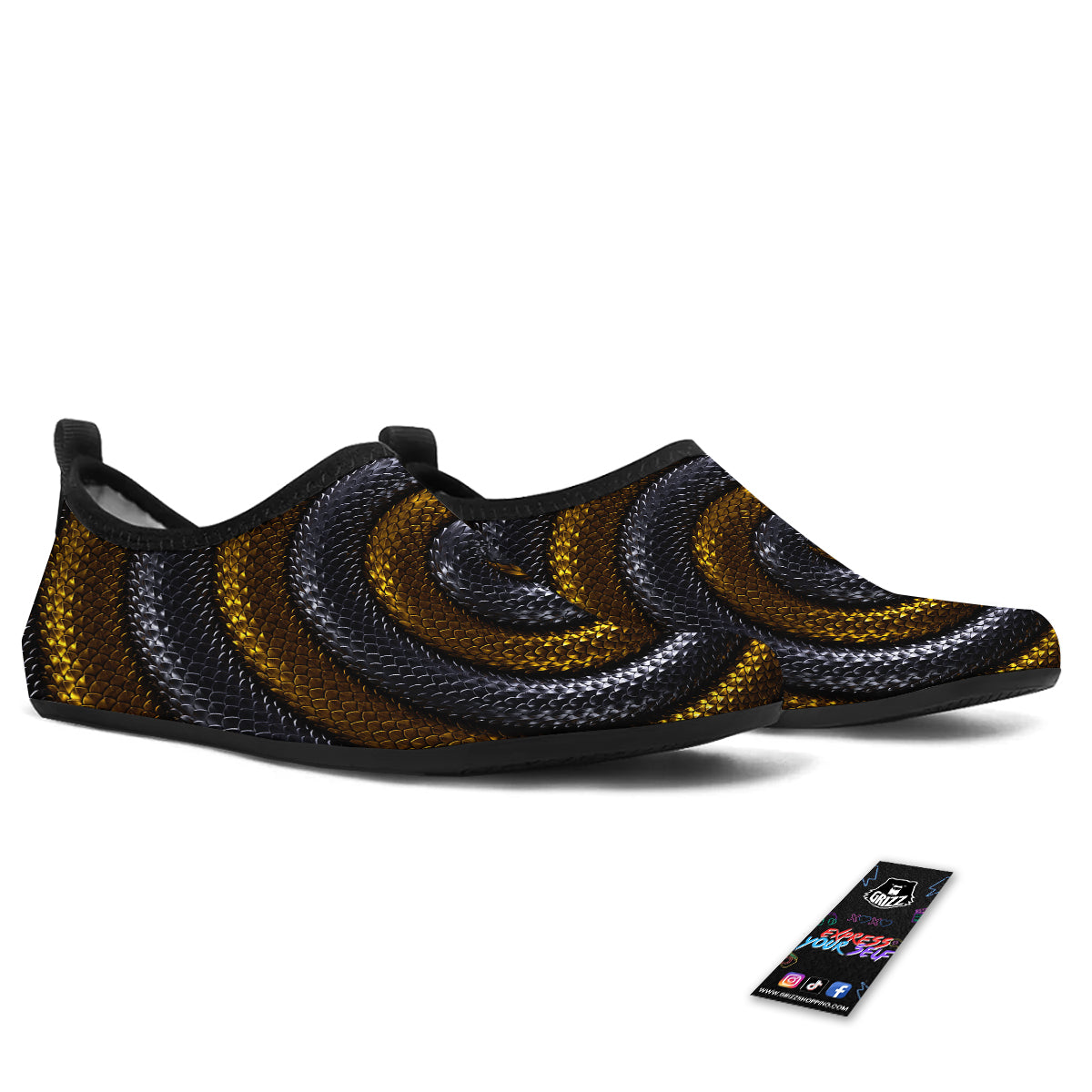 Black And Gold Twisted Snakes Print Water Shoes