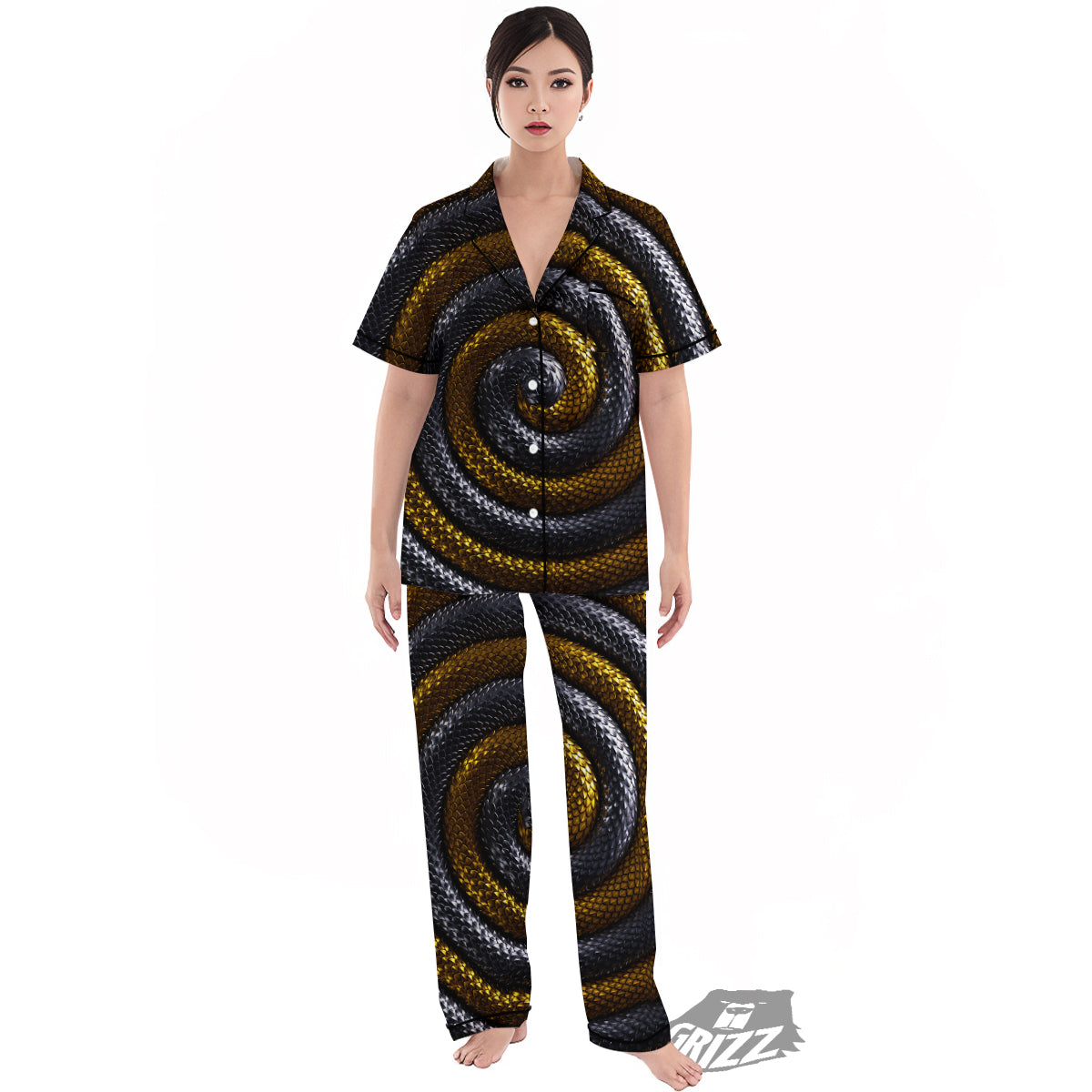 Black And Gold Twisted Snakes Print Women's Pajamas Set