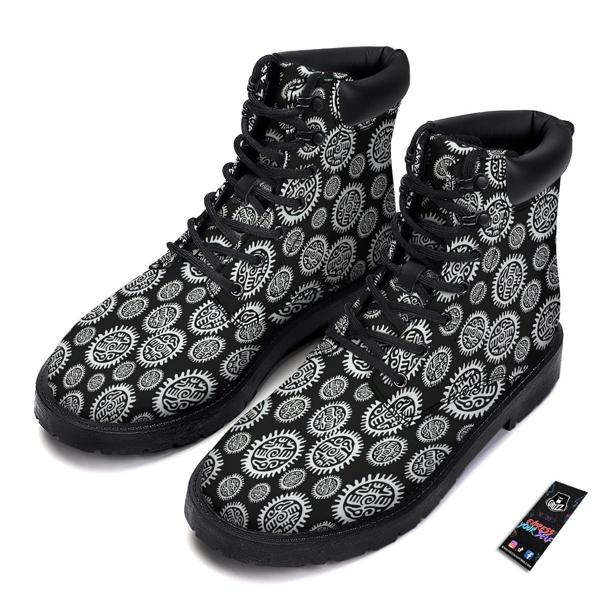 Black And White Aztec Mayan Eagle Print Pattern Boots
