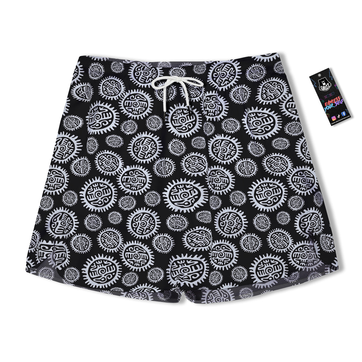 Black And White Aztec Mayan Eagle Print Pattern Men's Running Shorts