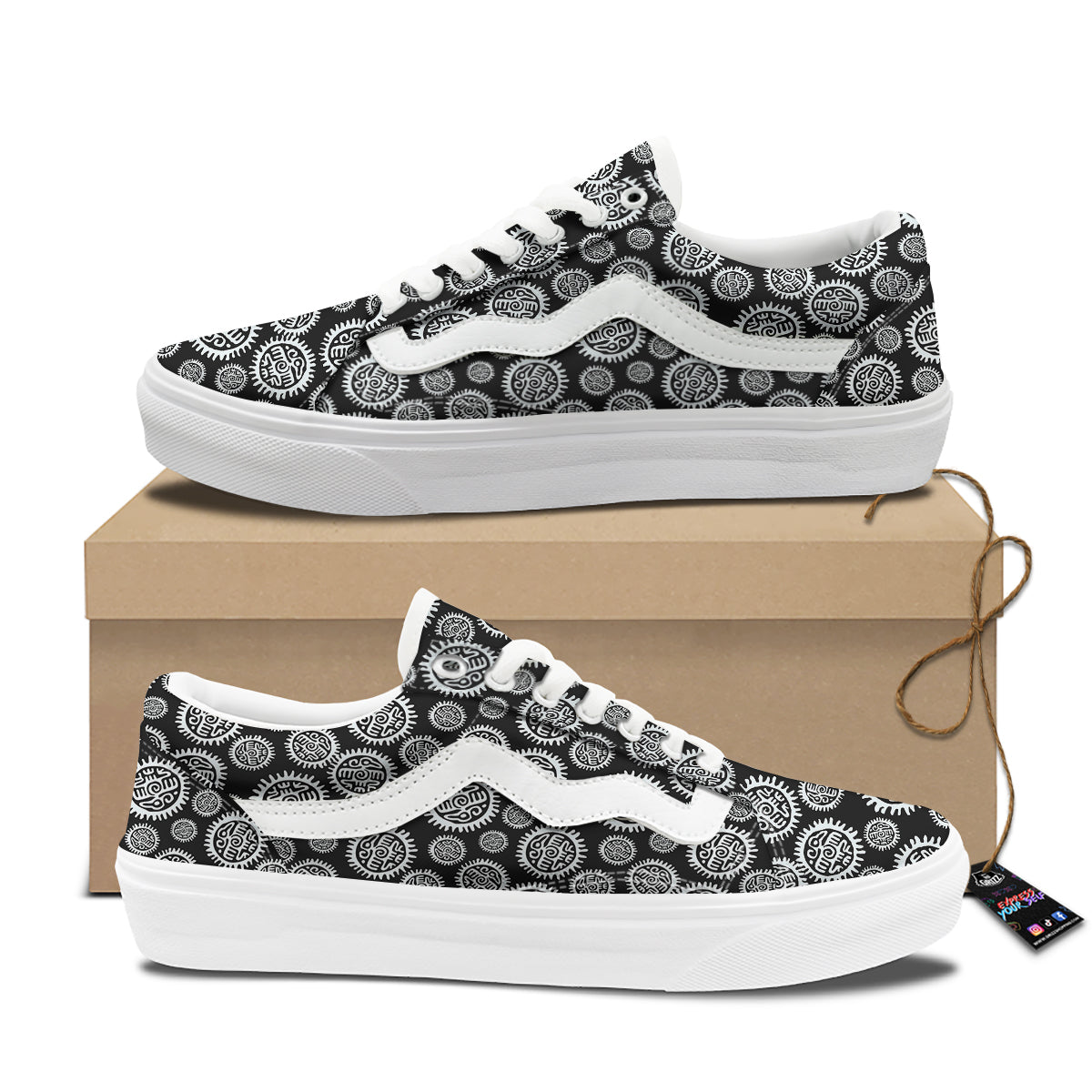 Black And White Aztec Mayan Eagle Print Pattern Skate Shoes