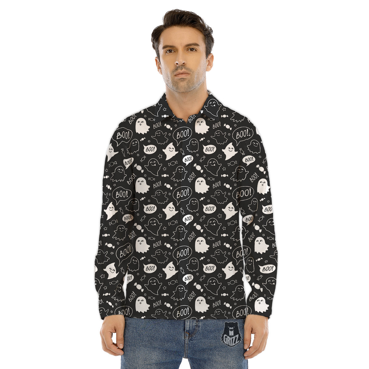 Black And White Ghost Boo Print Pattern Men's Dress Shirts
