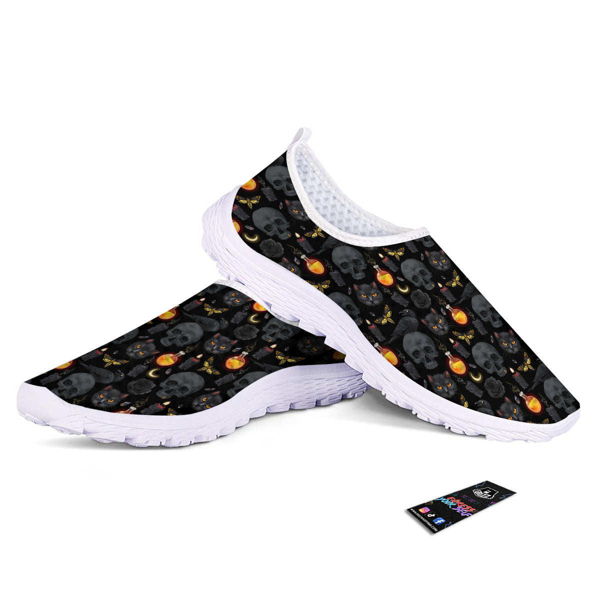 Black Head Cat Raven And Skull Print Pattern Nurse Shoes
