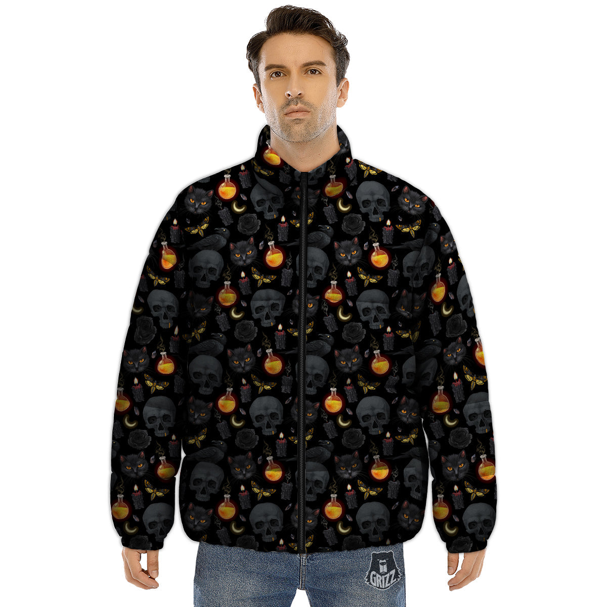 Black Head Cat Raven And Skull Print Pattern Puffer Jacket