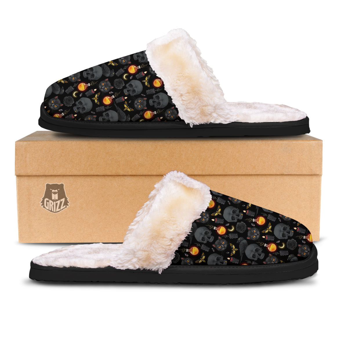 Black Head Cat Raven And Skull Print Pattern Slippers