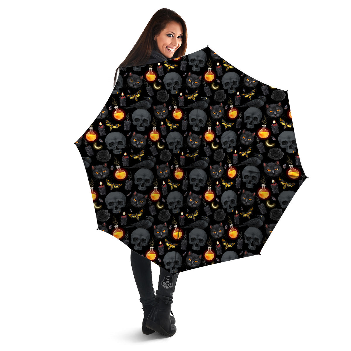 Black Head Cat Raven And Skull Print Pattern Umbrella