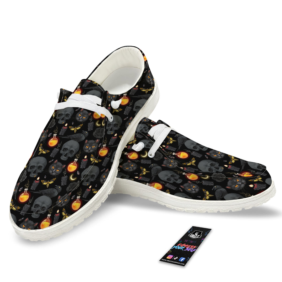 Black Head Cat Raven And Skull Print Pattern White Loafers