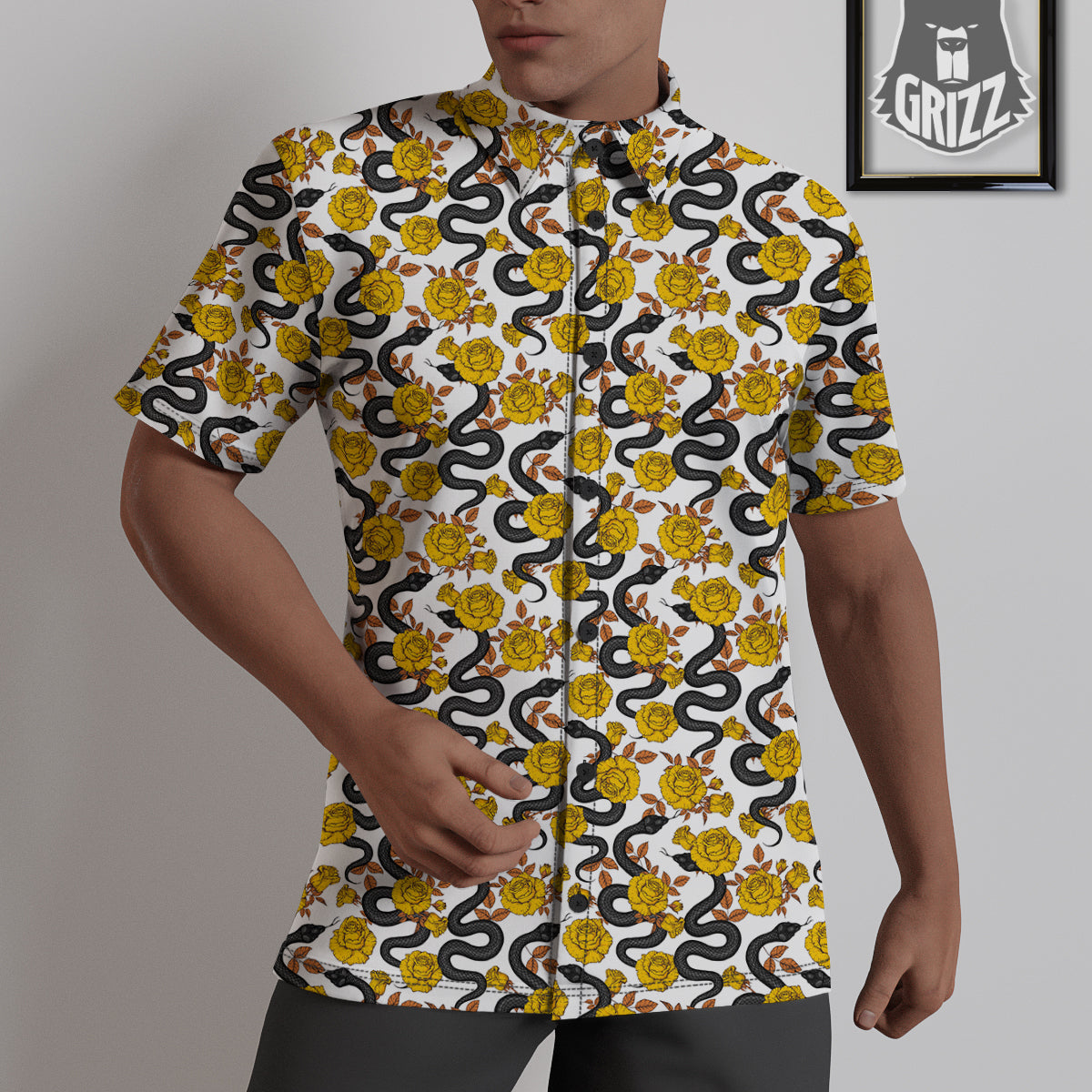 Black Snake And Gold Rose Print Pattern Untucked Shirts