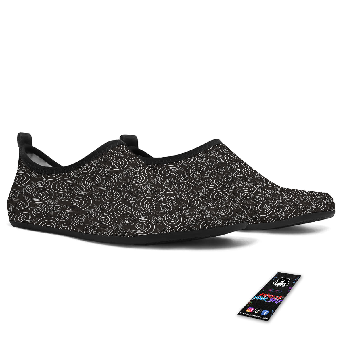 Black Spiral Wave Print Pattern Water Shoes