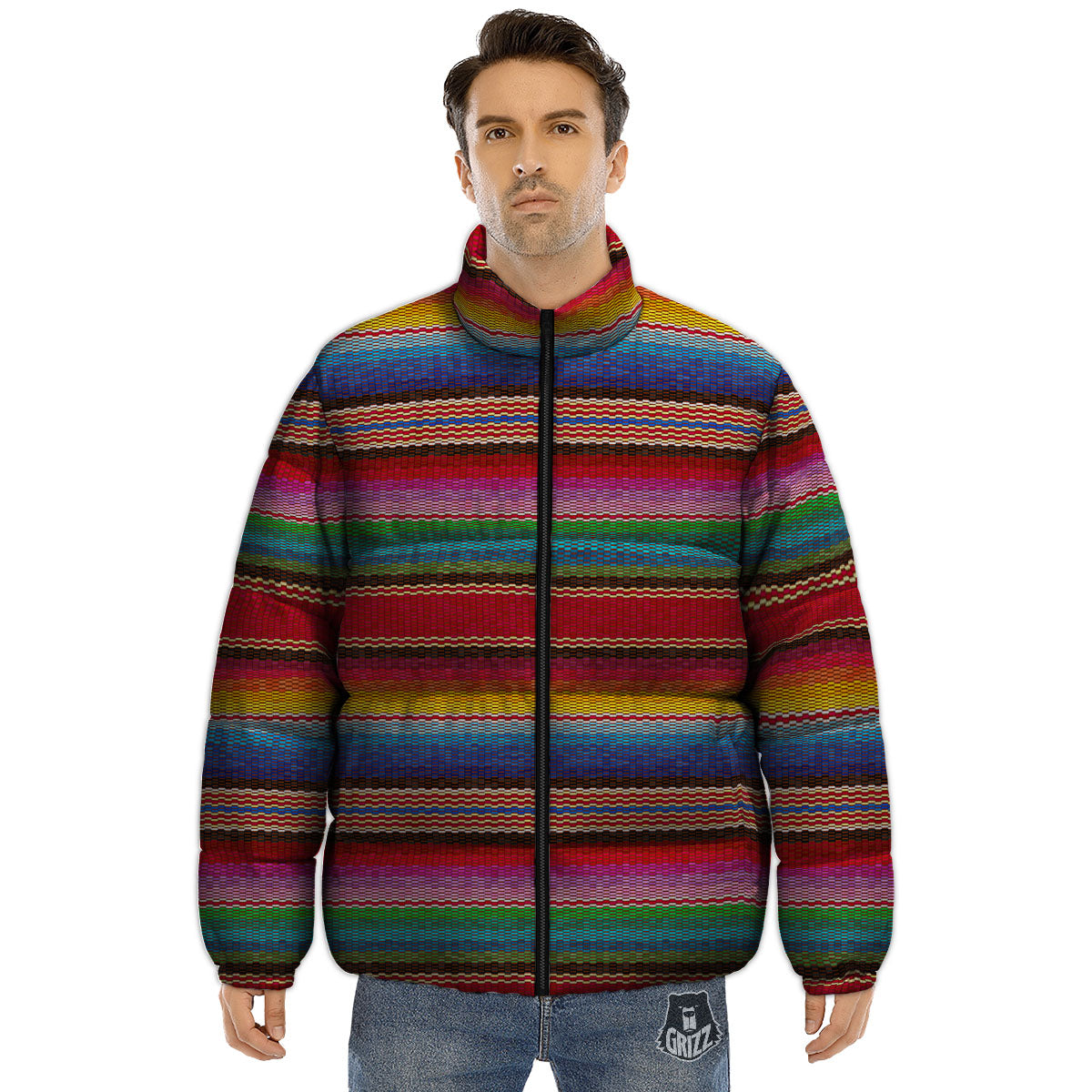 Blanket Mexican Colorful Print Pattern Puffer Jacket