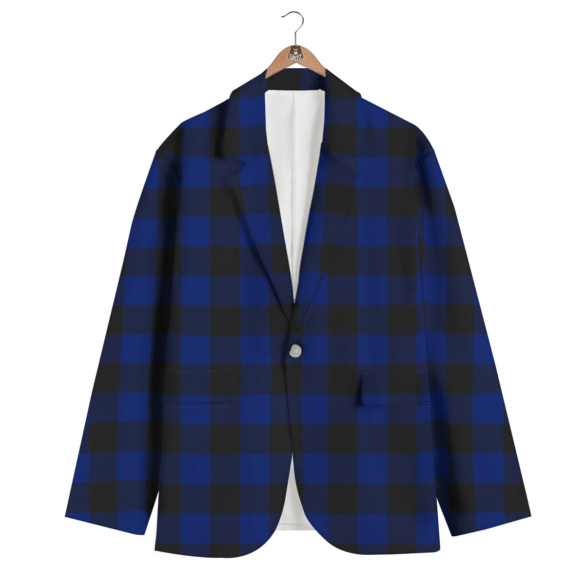 Blue And Black Steel Buffalo Check Print Pattern Men's Blazer