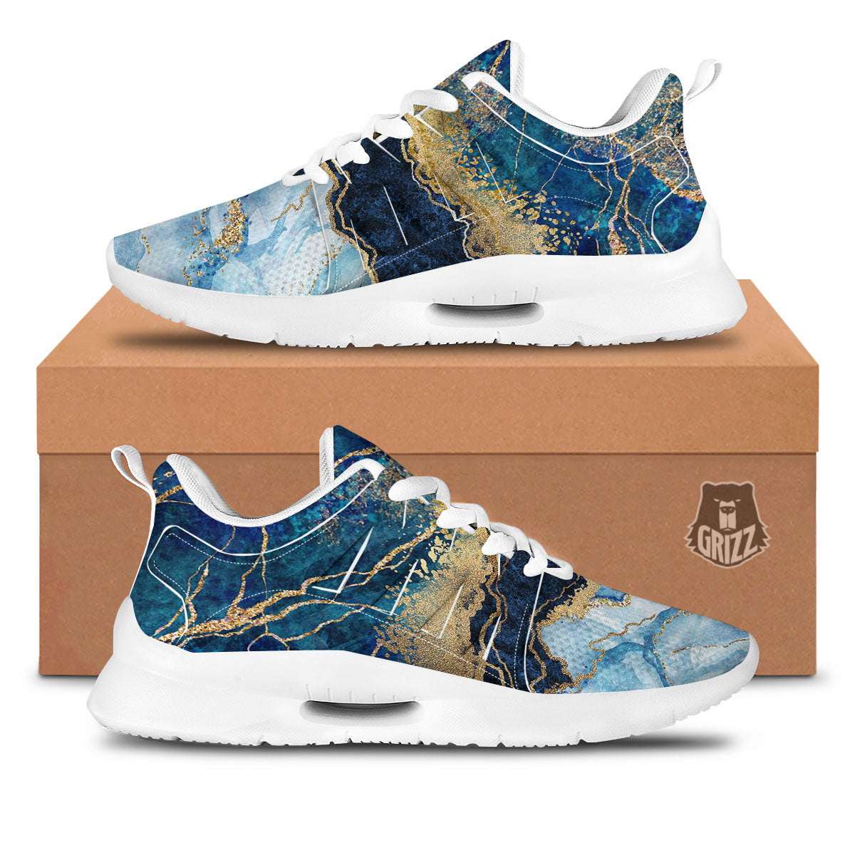 Blue And Gold Marble Print Tennis Shoes