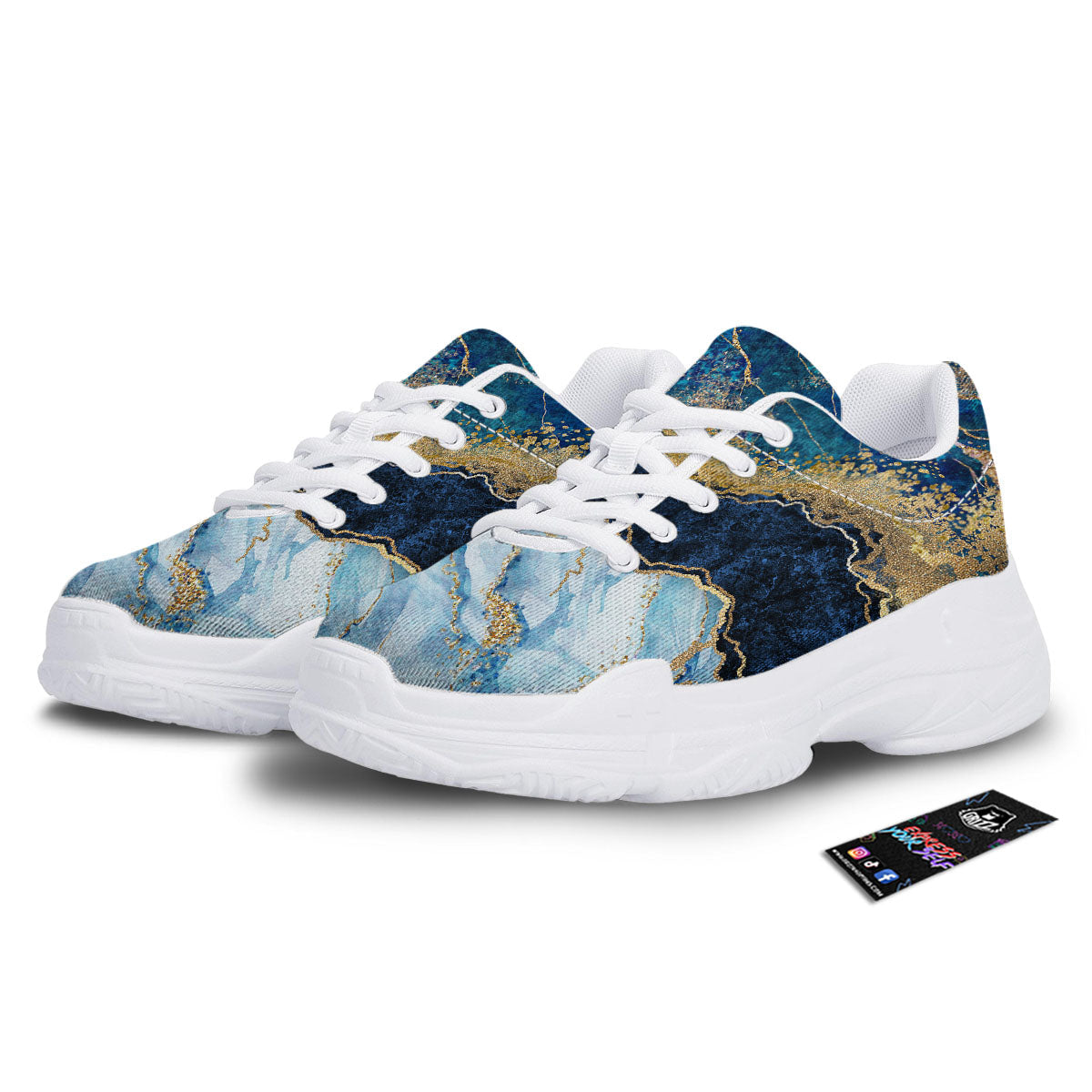 Blue And Gold Marble Print White Chunky Shoes