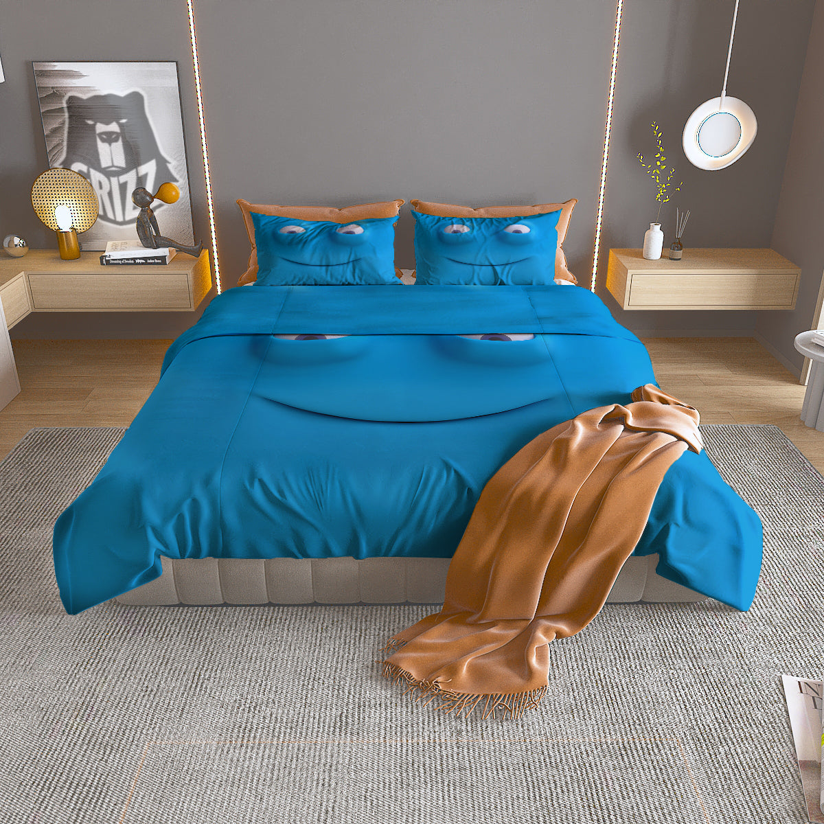 Blue Face Cartoon Emoticon Character Print Duvet Cover Bedding Set