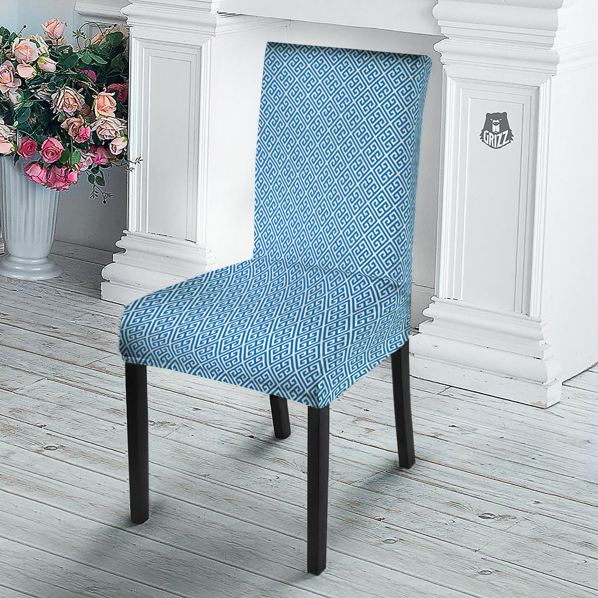 Blue Greek Key Print Pattern Dining Chair Slipcover