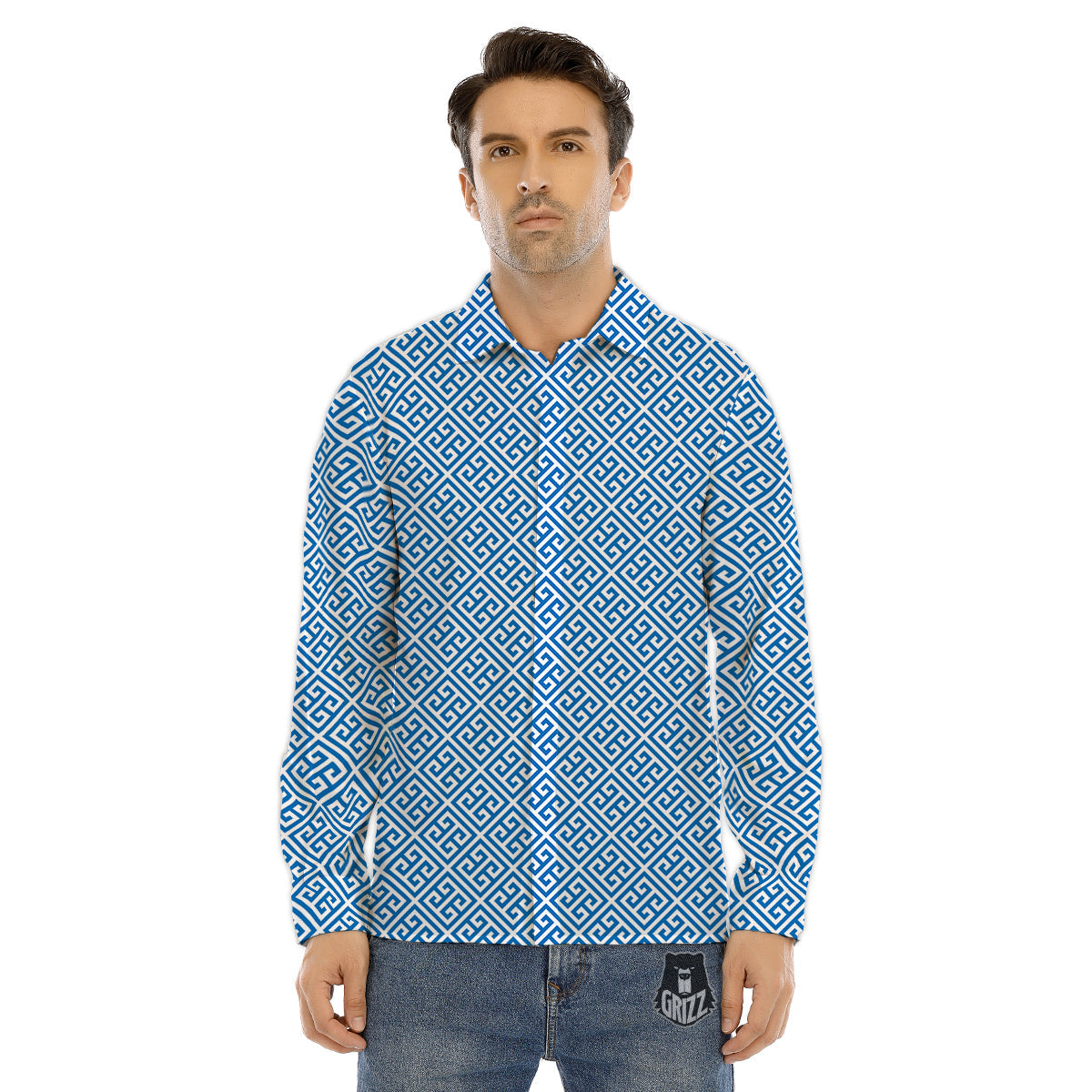 Blue Greek Key Print Pattern Men's Dress Shirts