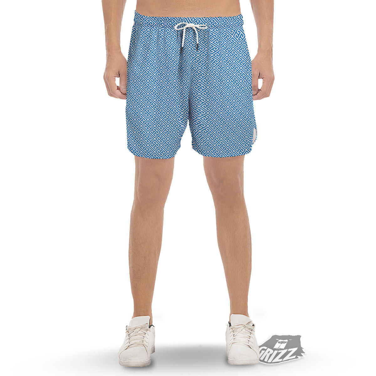 Blue Greek Key Print Pattern Men's Gym Shorts