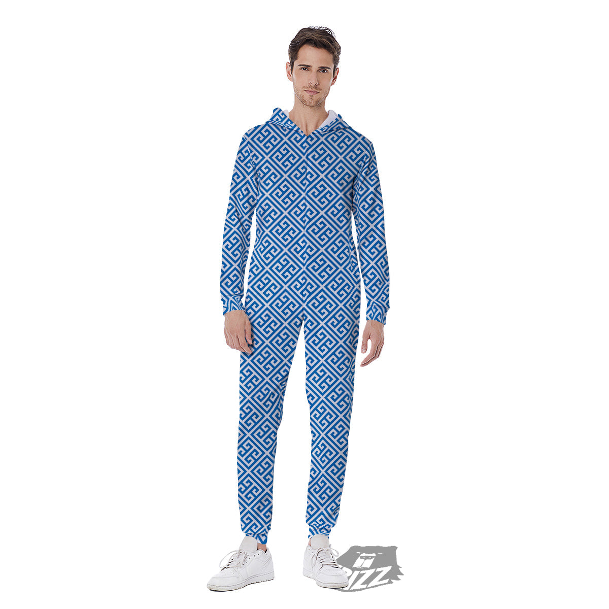 Blue Greek Key Print Pattern Men's Jumpsuit