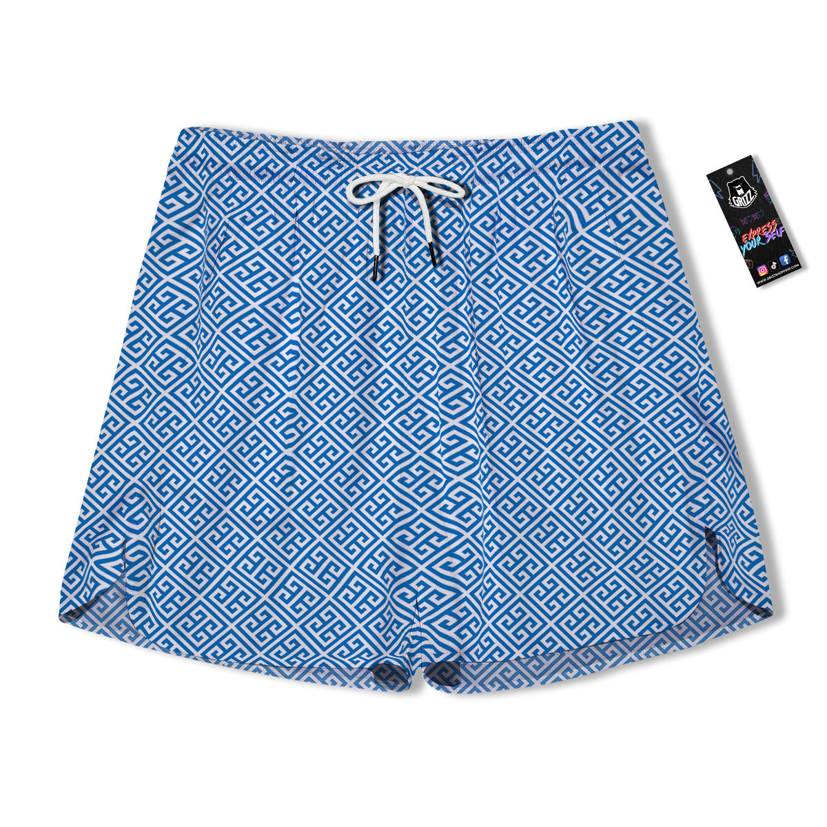 Blue Greek Key Print Pattern Men's Running Shorts