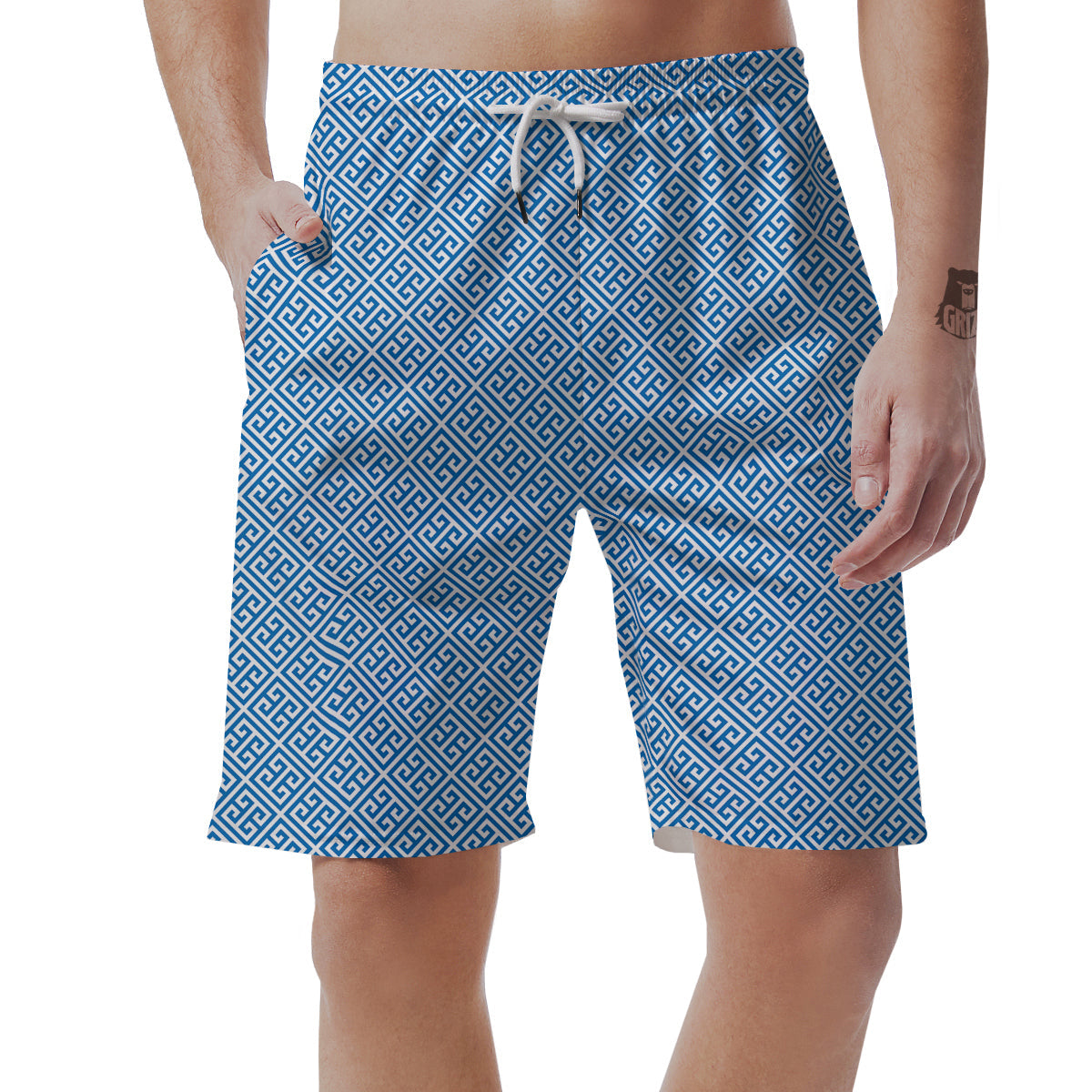 Blue Greek Key Print Pattern Men's Shorts