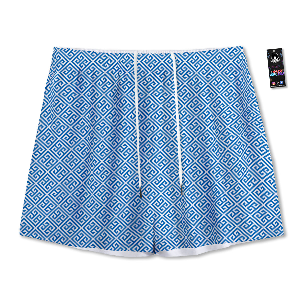 Blue Greek Key Print Pattern Mesh Shorts