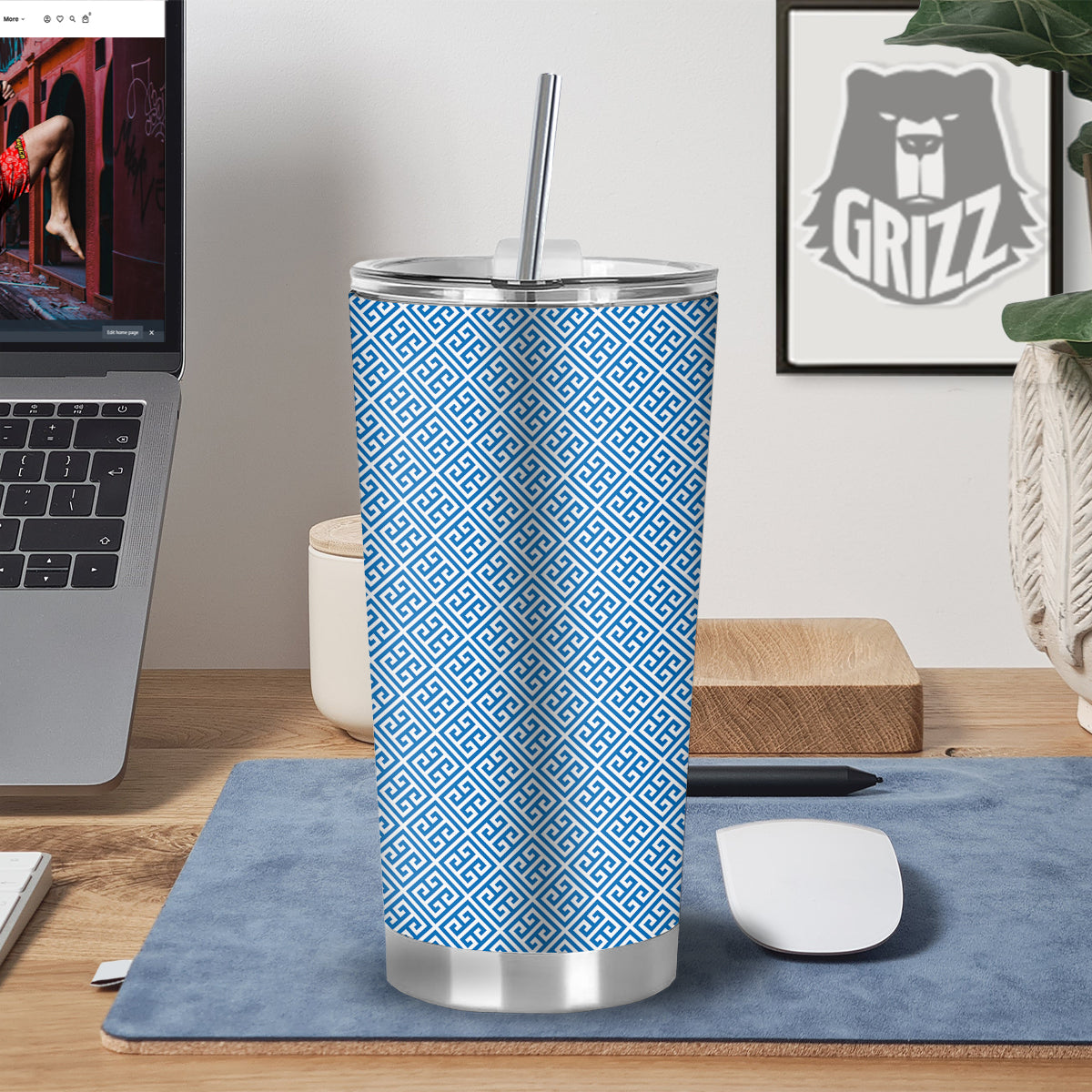 Blue Greek Key Print Pattern Tumbler