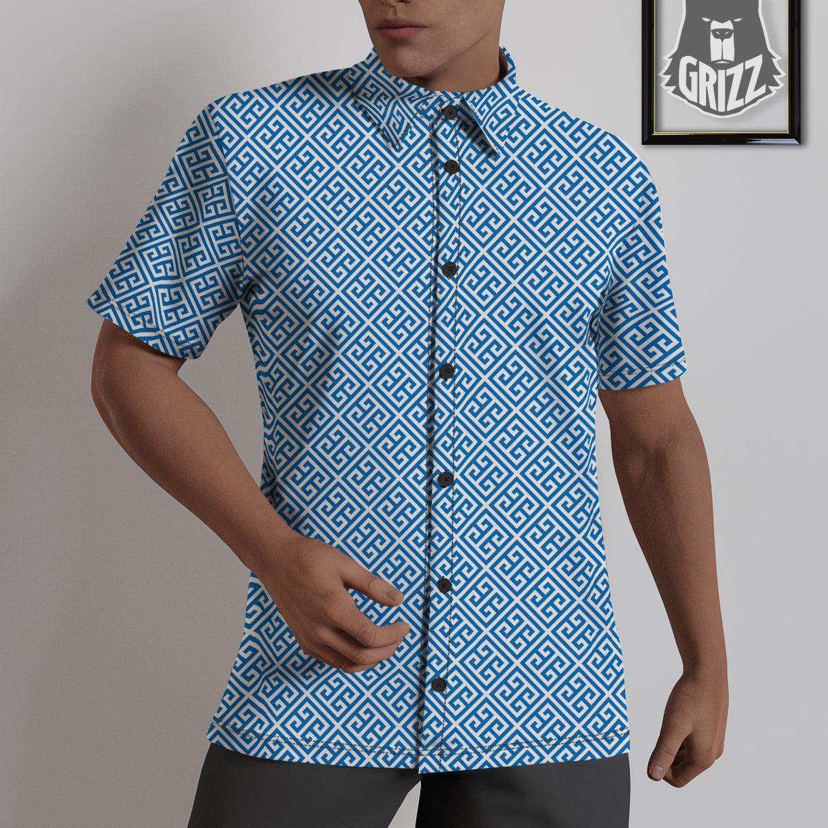 Blue Greek Key Print Pattern Untucked Shirts