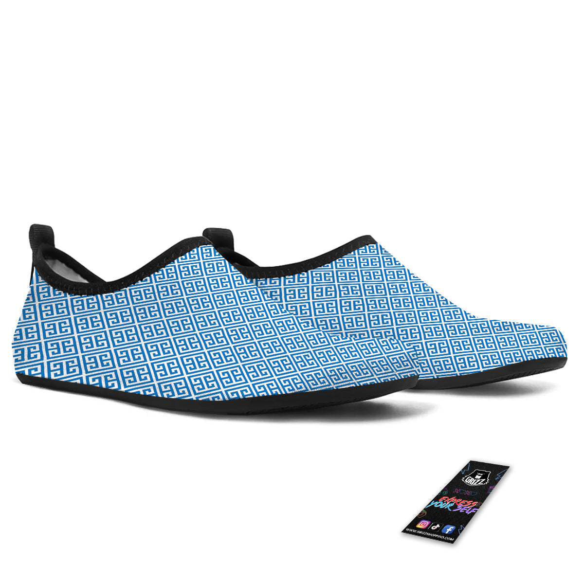 Blue Greek Key Print Pattern Water Shoes