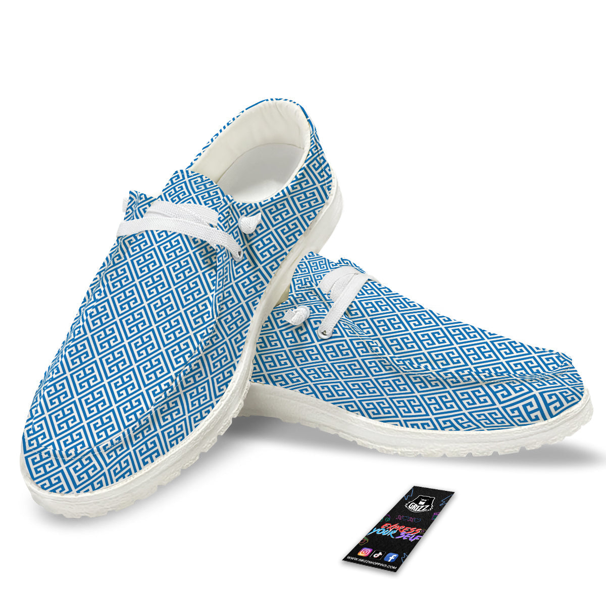 Blue Greek Key Print Pattern White Loafers