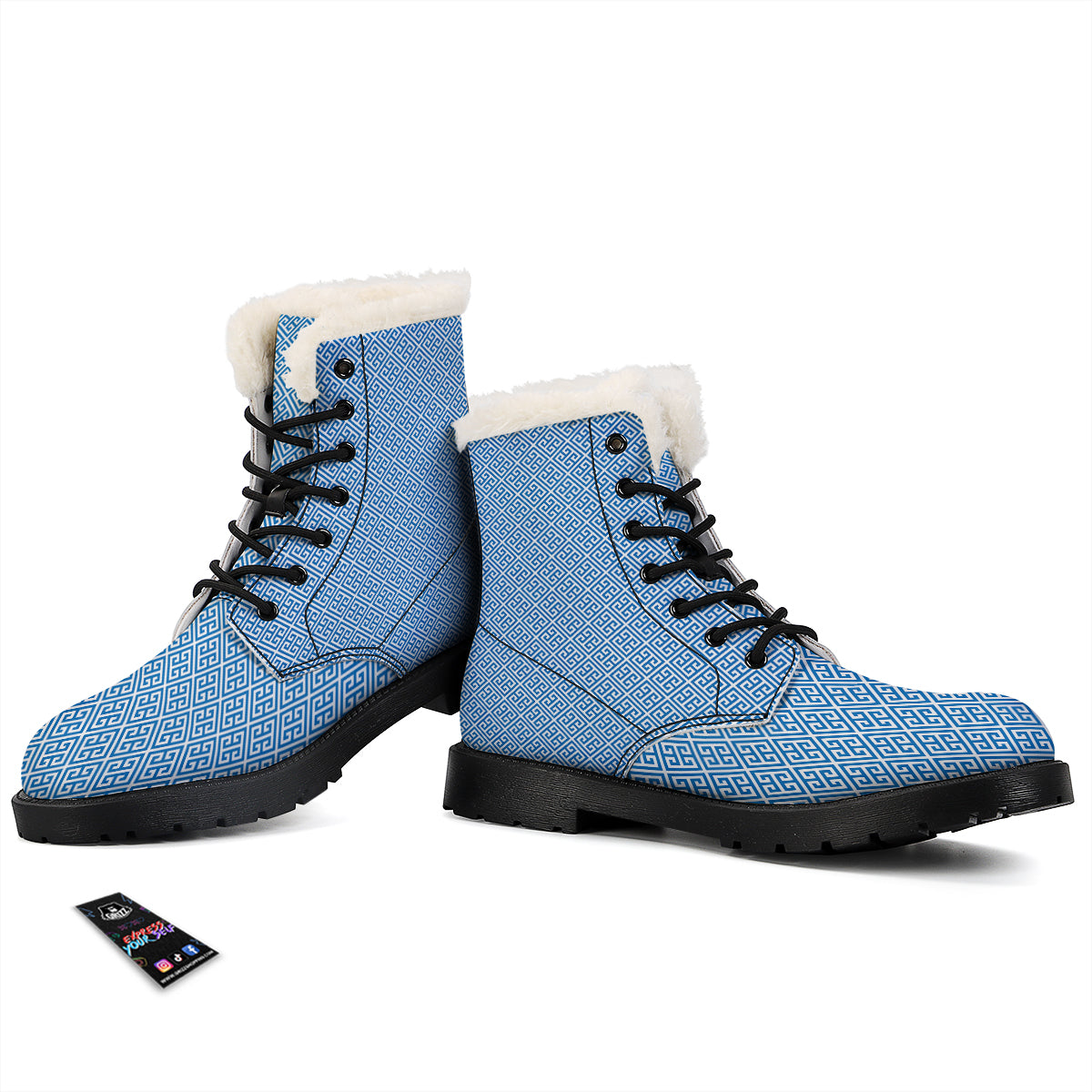Blue Greek Key Print Pattern Winter Boots