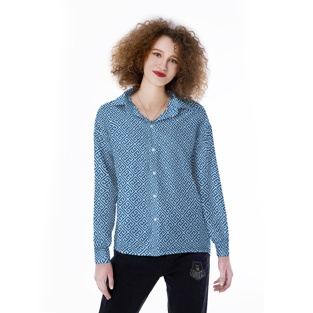 Blue Greek Key Print Pattern Women's Long Sleeve Shirts
