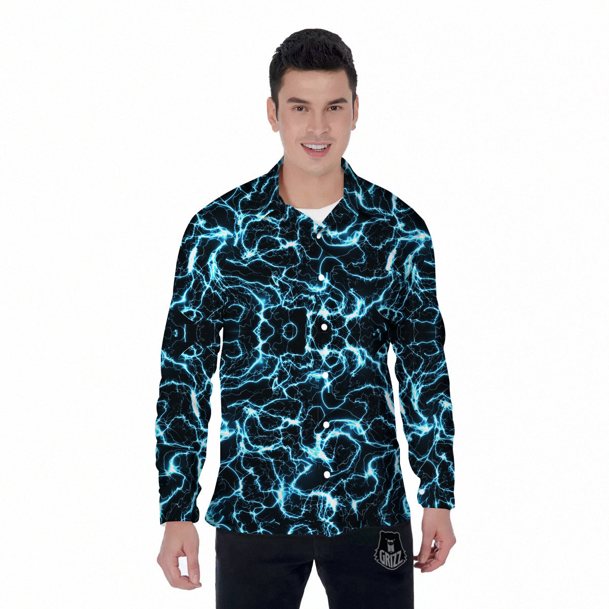 Blue Lightning Explosion Print Pattern Men's Long Sleeve Shirts