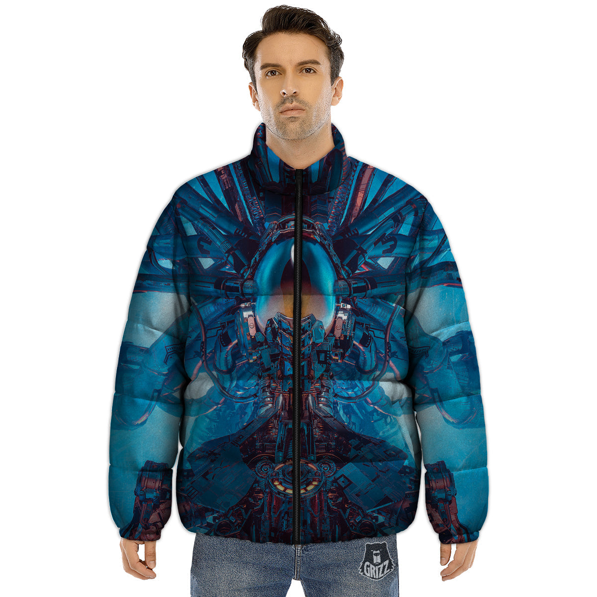Blue Robot Cyberpunk Print Puffer Jacket