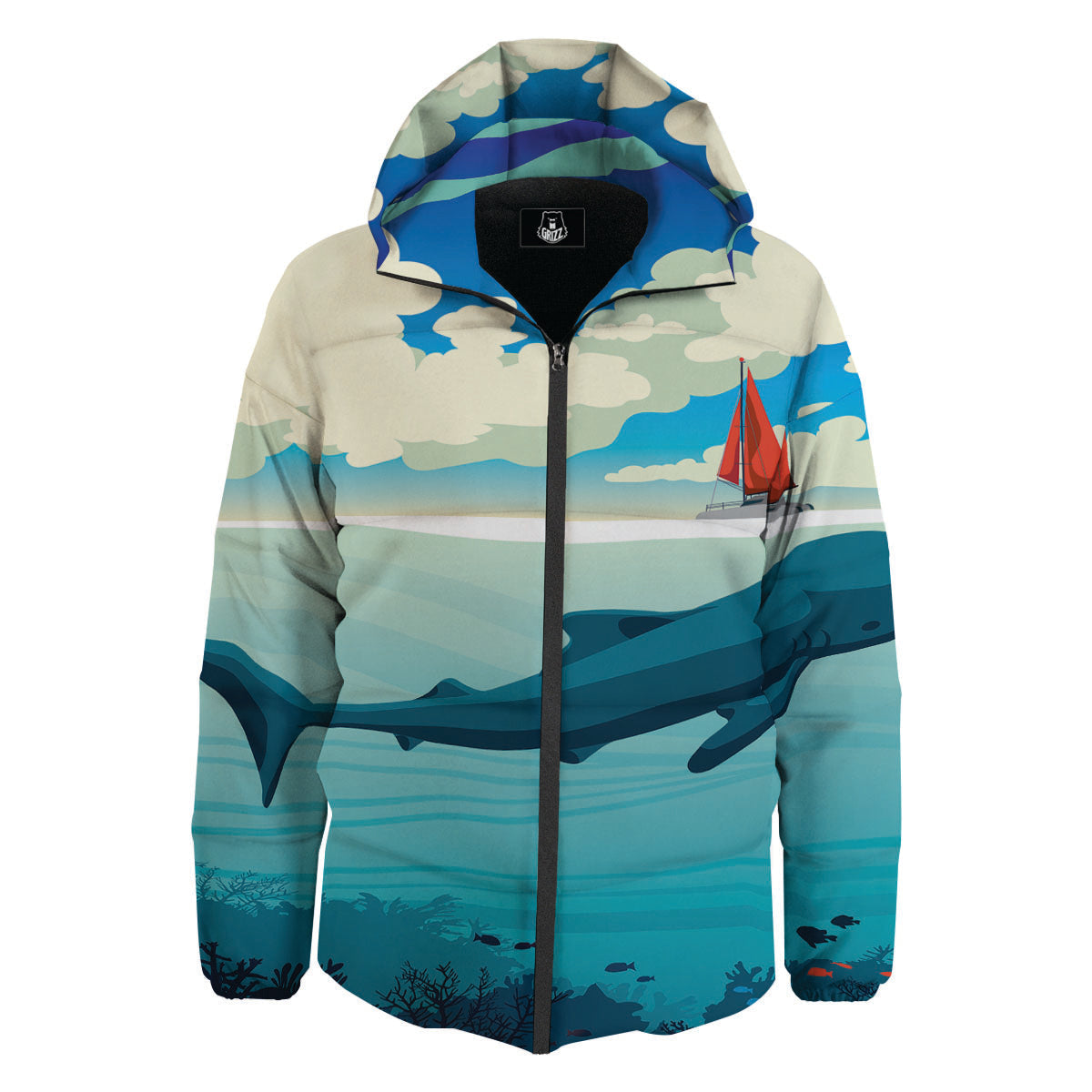 Blue Whale In Deep Sea Print Down Jacket