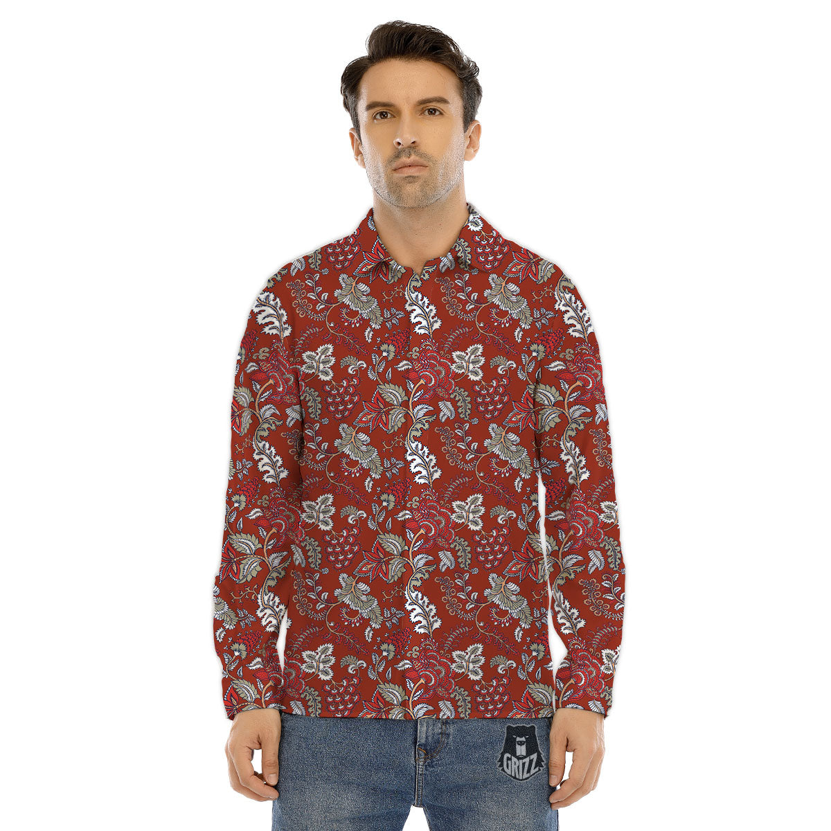 Bohemian Red Floral Print Pattern Men's Dress Shirts