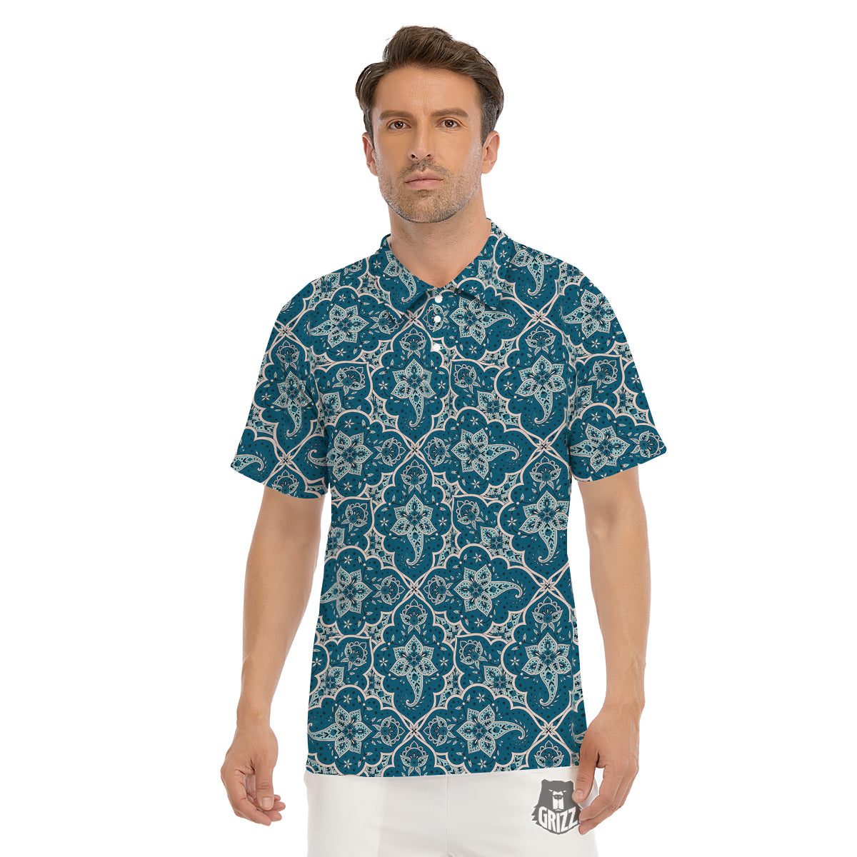 Bohemian Turquoise Floral Print Pattern Men's Golf Shirts
