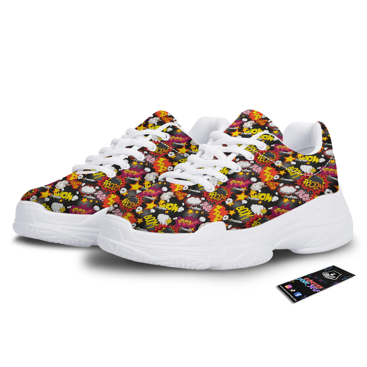 Bomb Boom Comic Graffiti Print Pattern White Chunky Shoes