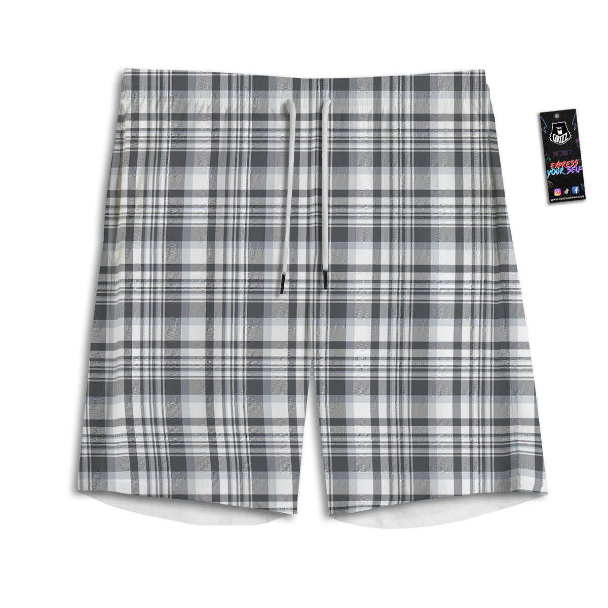 Border Tartan White And Grey Print Men's Athletic Shorts