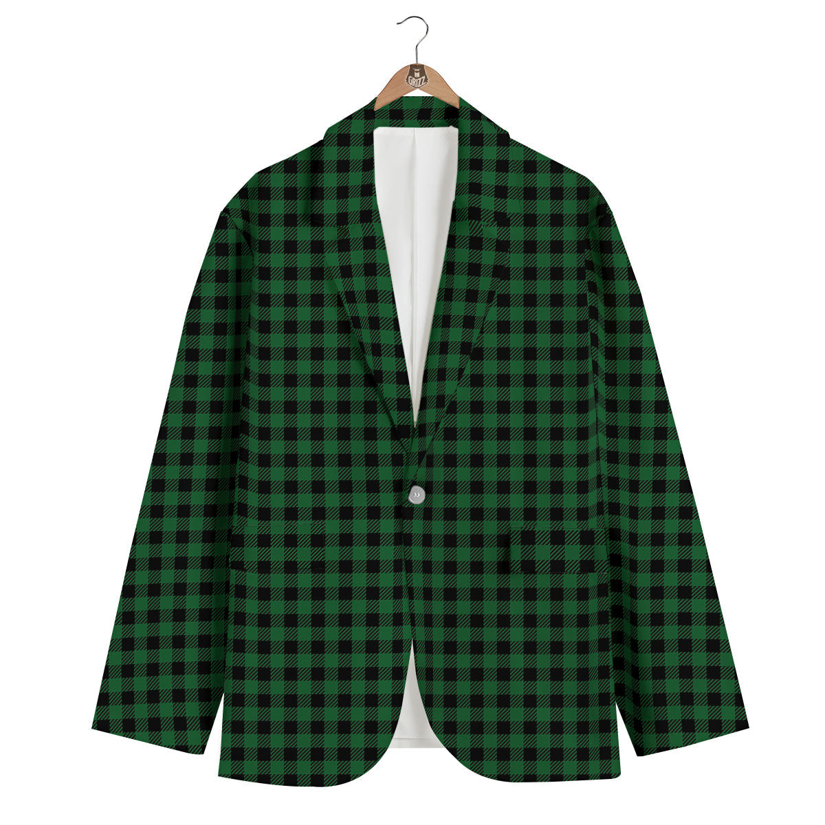 Buffalo Plaid Black And Green Print Men's Blazer