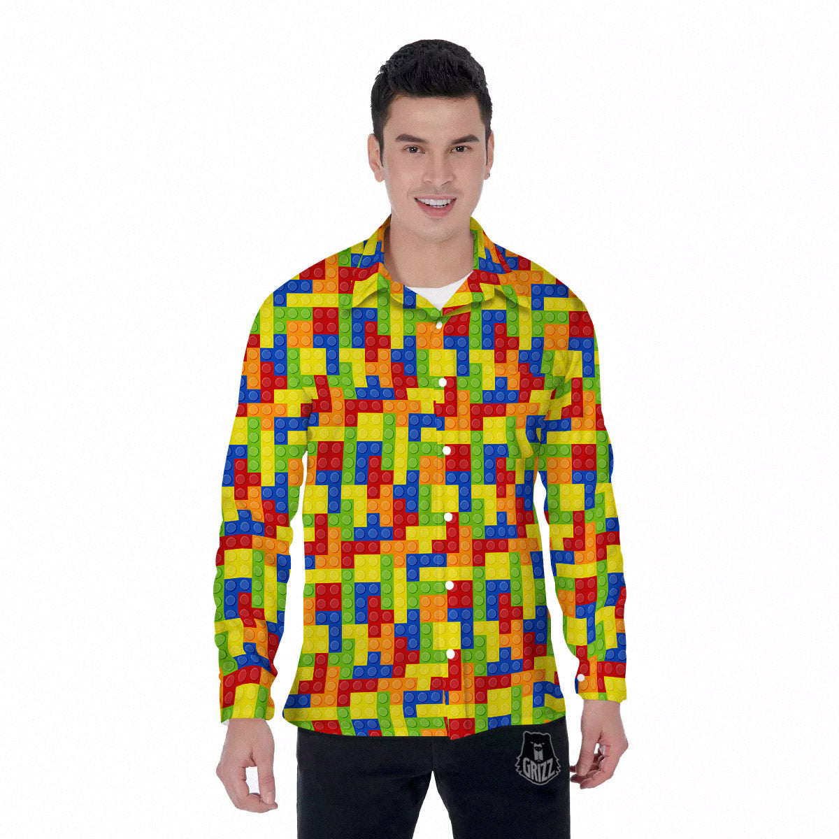 Building Blocks Colorful Print Pattern Men's Long Sleeve Shirts