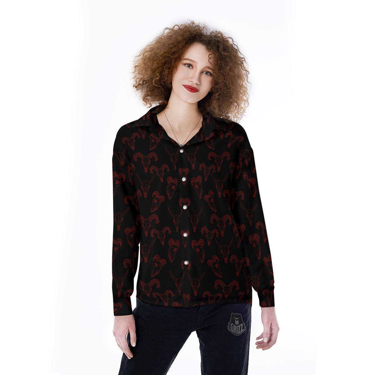 Bull Skull Black And Red Print Pattern Women's Long Sleeve Shirts