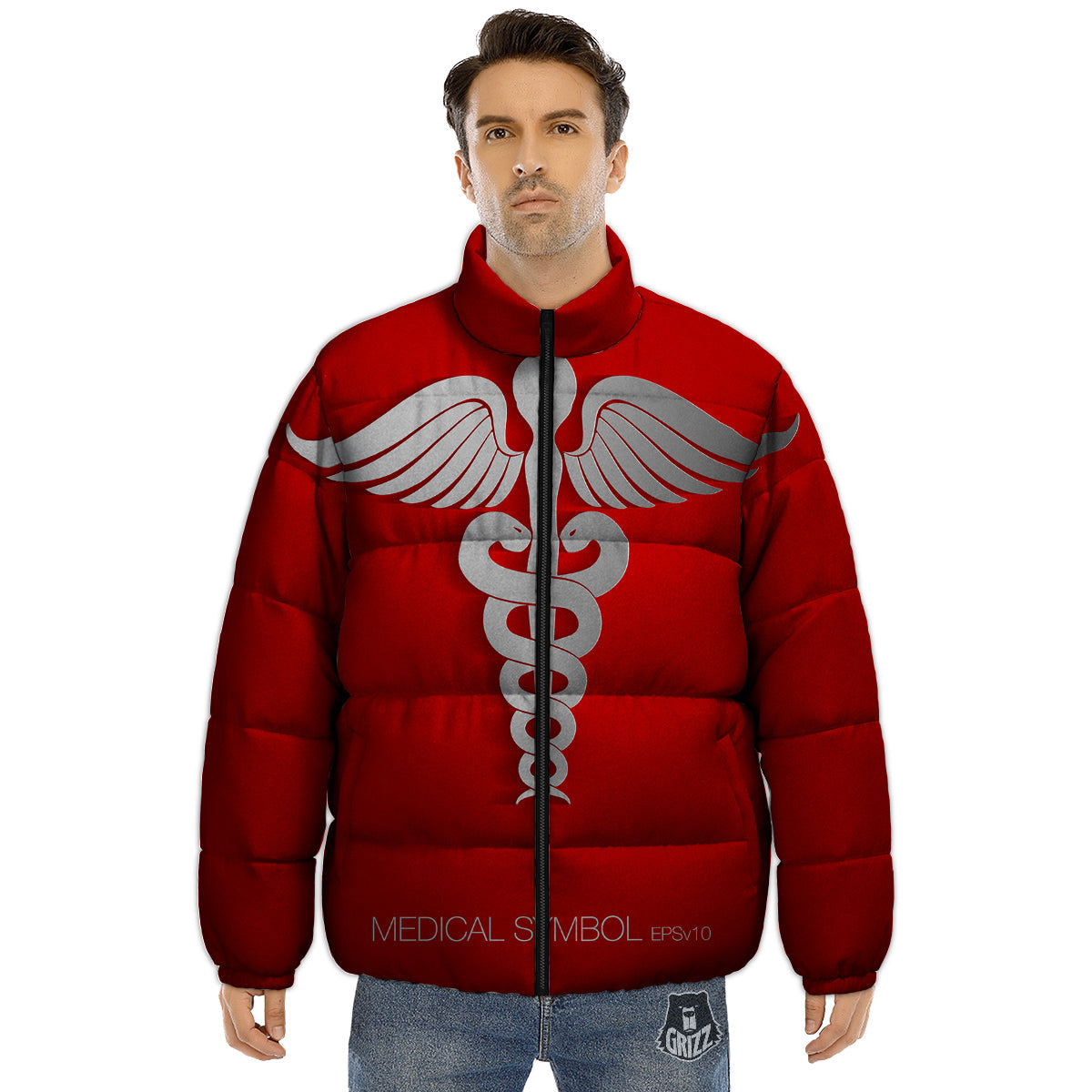 Caduceus Symbol Of Medicine Print Puffer Jacket