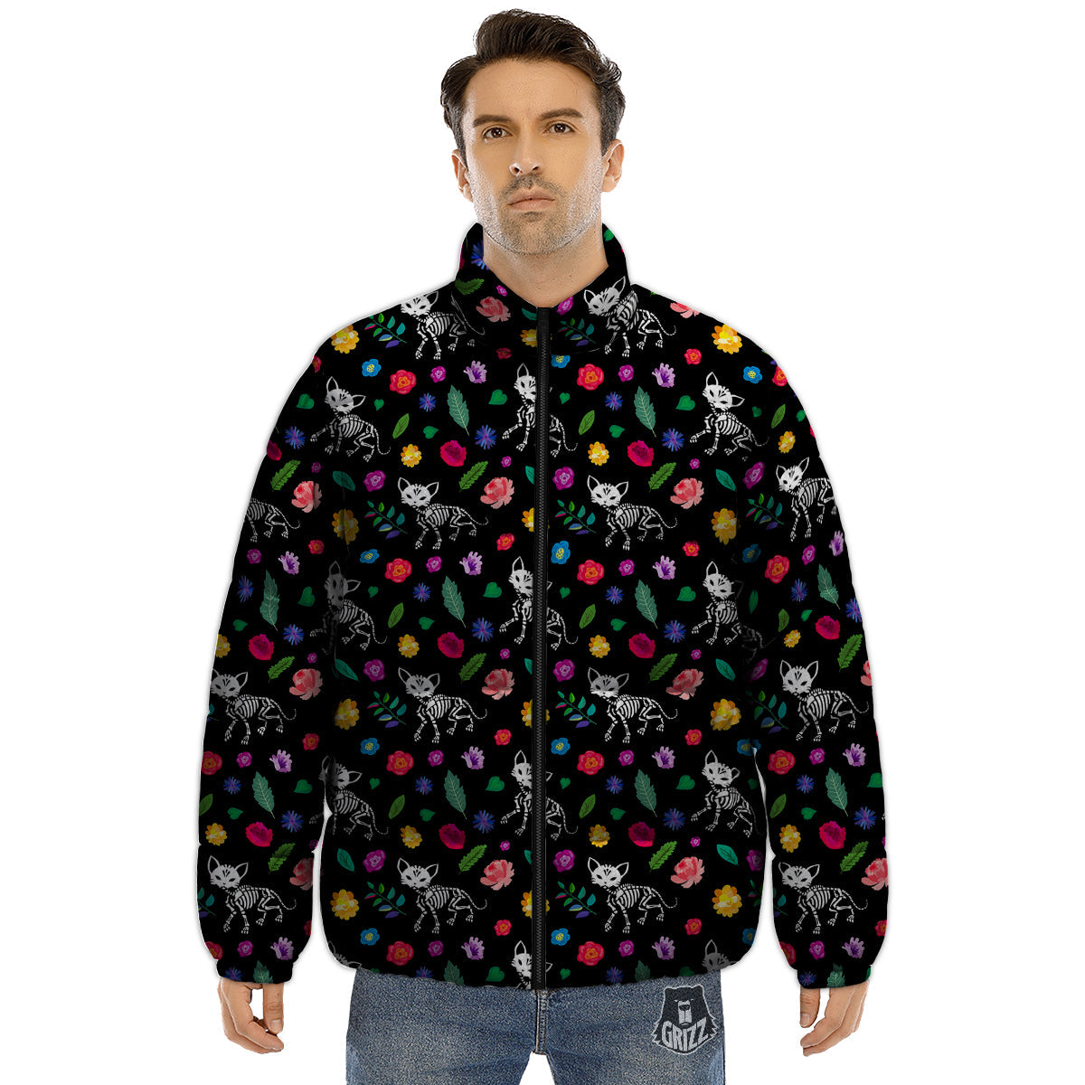 Calavera Cat Skeleton Print Pattern Puffer Jacket