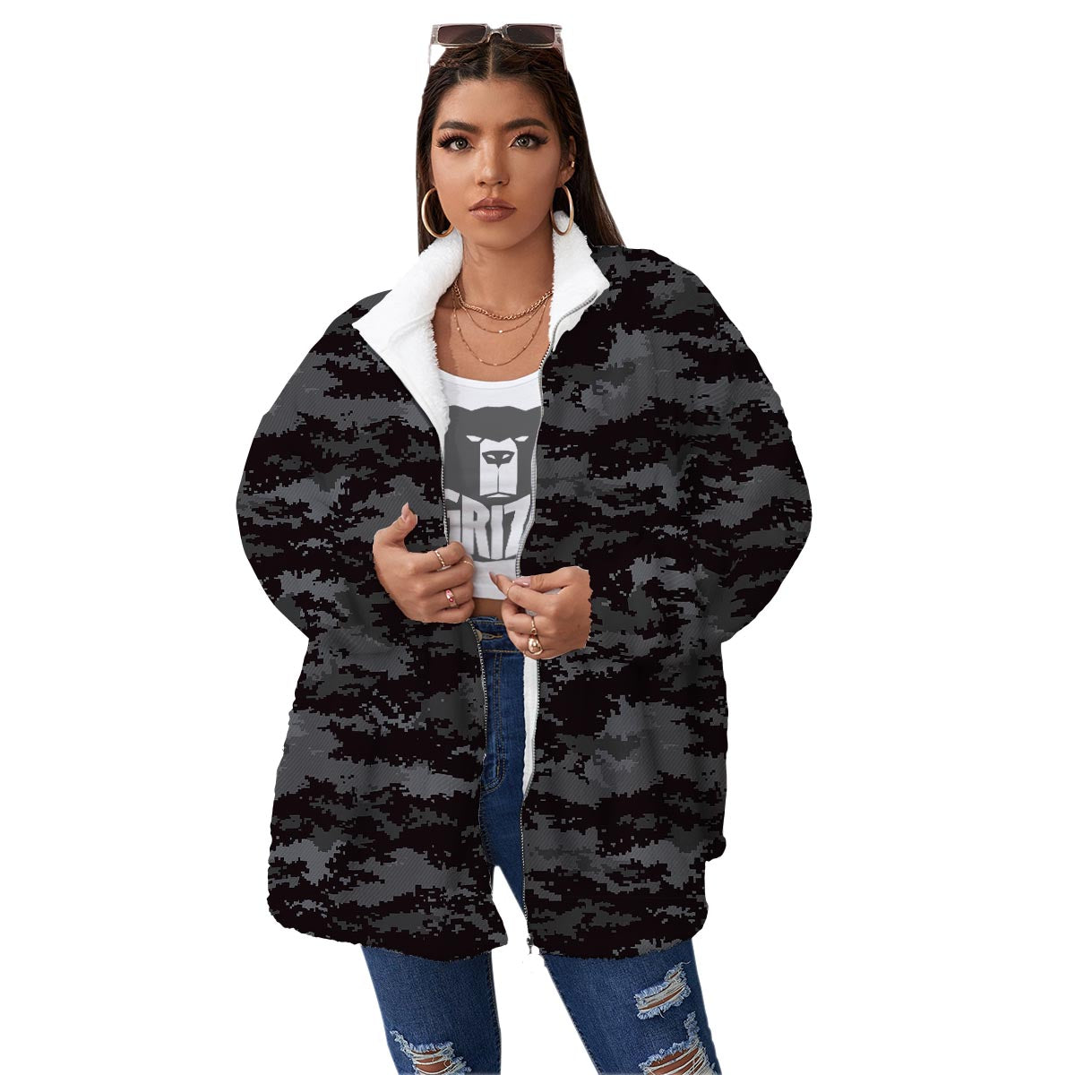 Camo Black Tan Digital Print Pattern Women's Sherpa Jacket