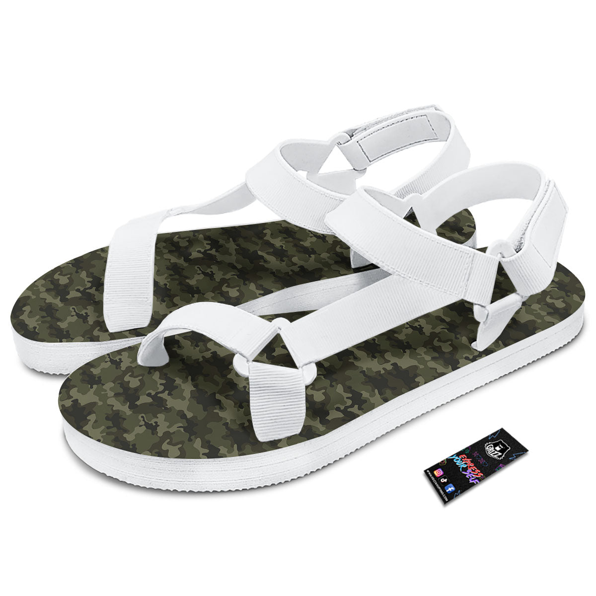 Camouflage Army Green Print White Open Toe Sandals