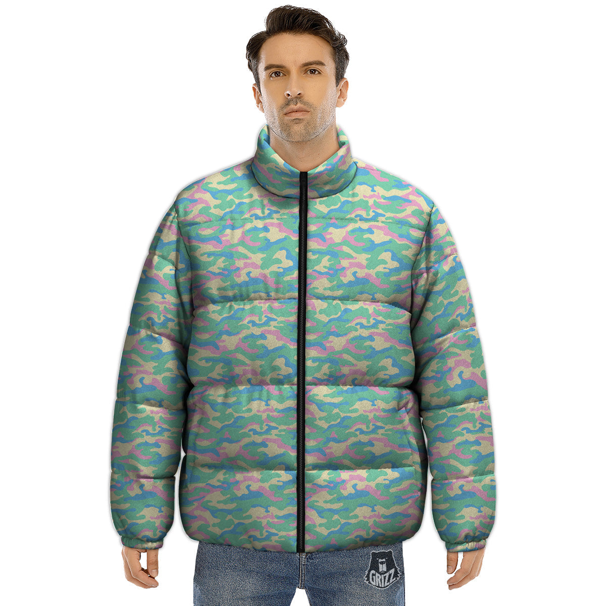Camouflage Pastel Colors Print Pattern Puffer Jacket