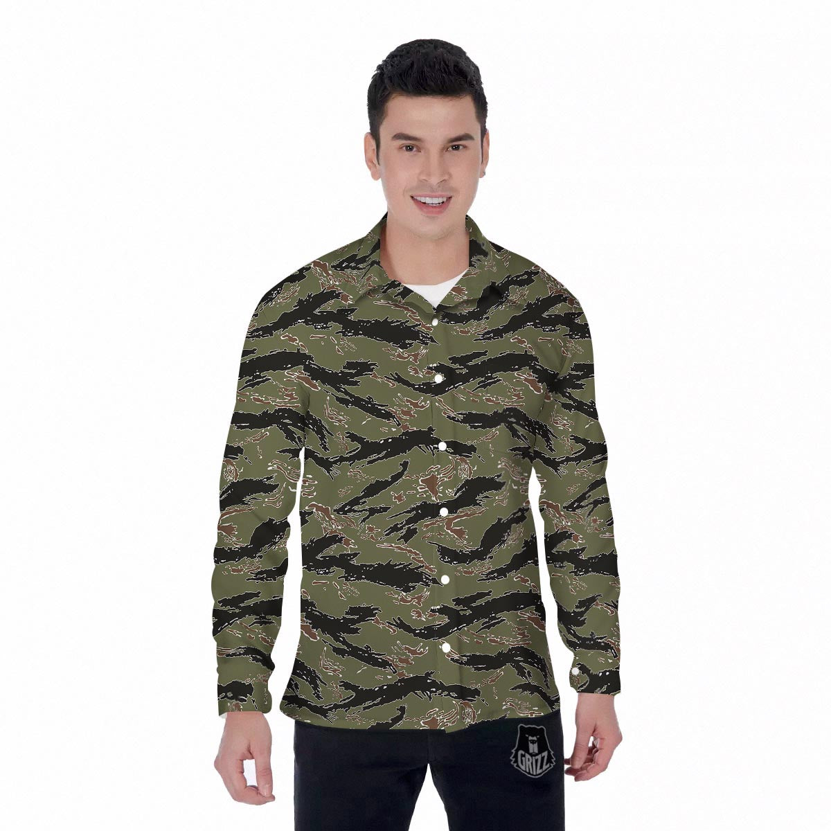 Camouflage Tiger Stripe Print Pattern Men's Long Sleeve Shirts